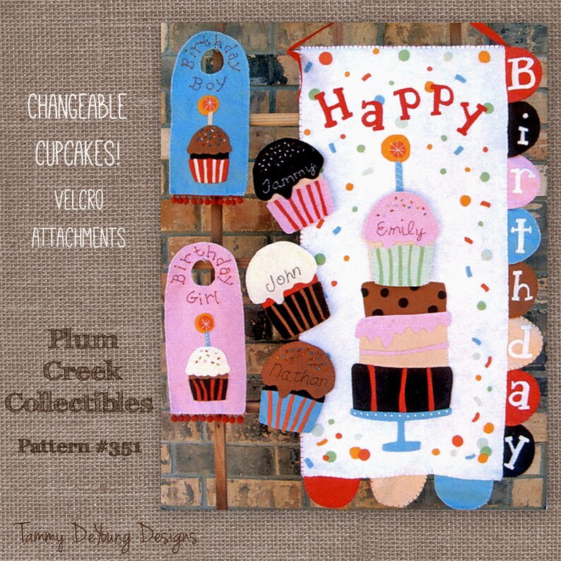 Birthday Banner Pattern, Birthday Door Knob Hanger, Felt Cupcakes, Wool ...
