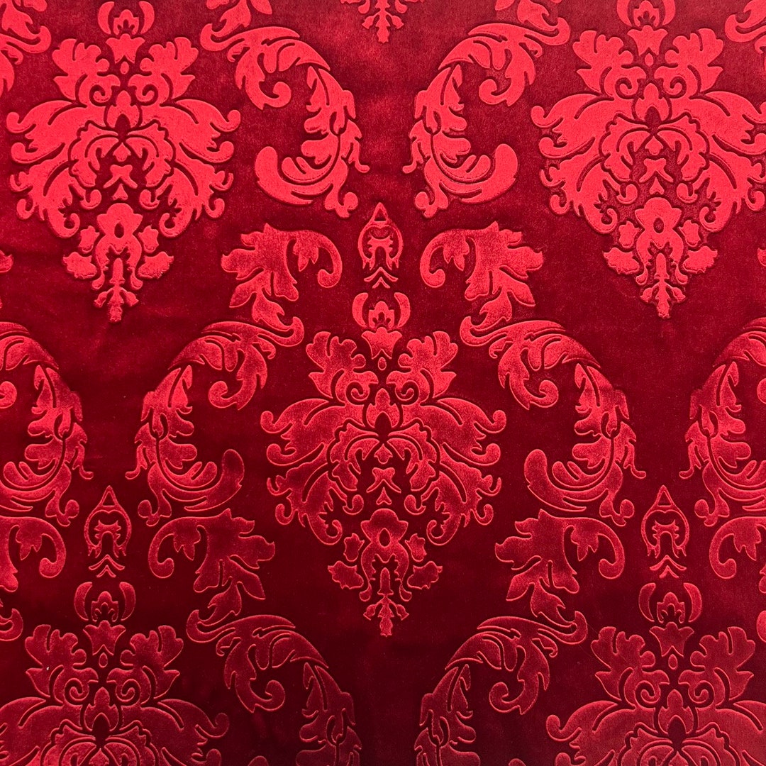 Red Damask Embossed Velvet Upholstery Drapery Fabric - Sold by the Yard ...