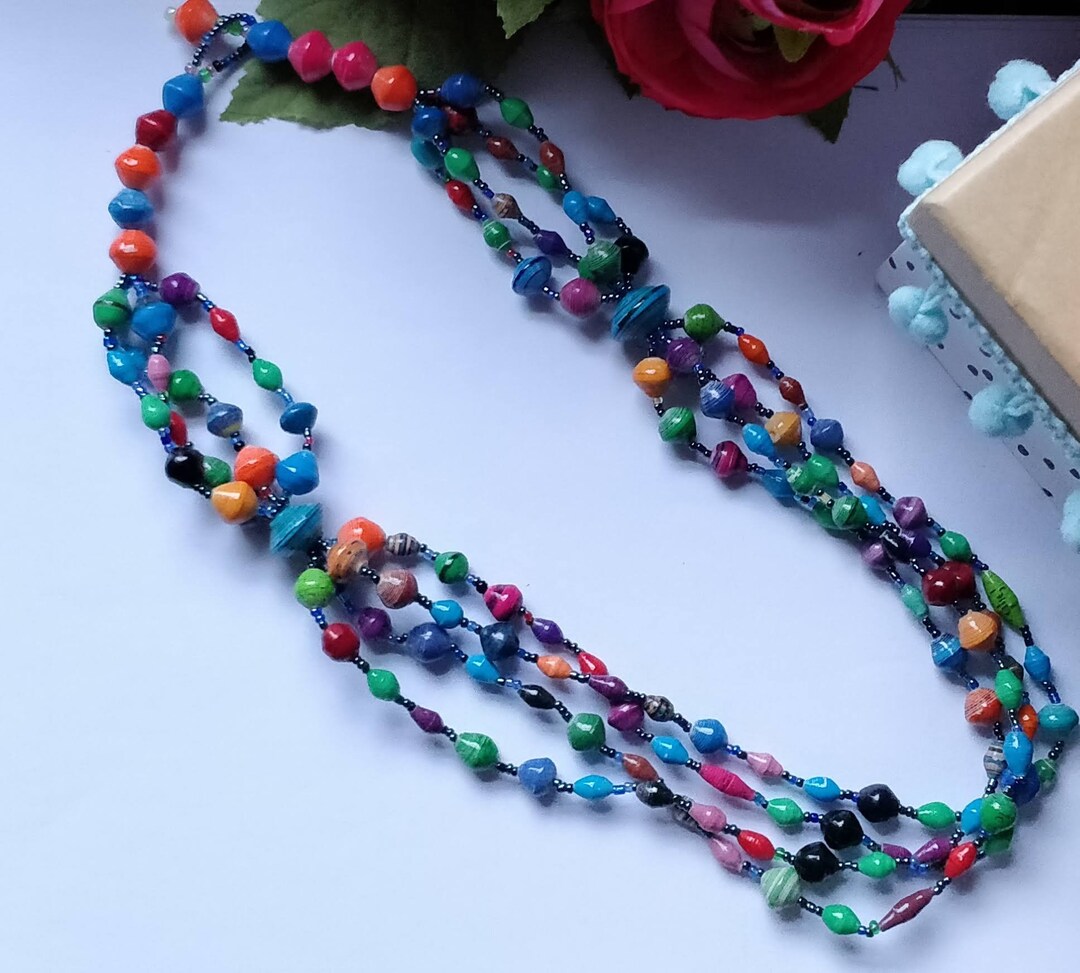 Triple String Chunky Paper Bead Necklace - Etsy