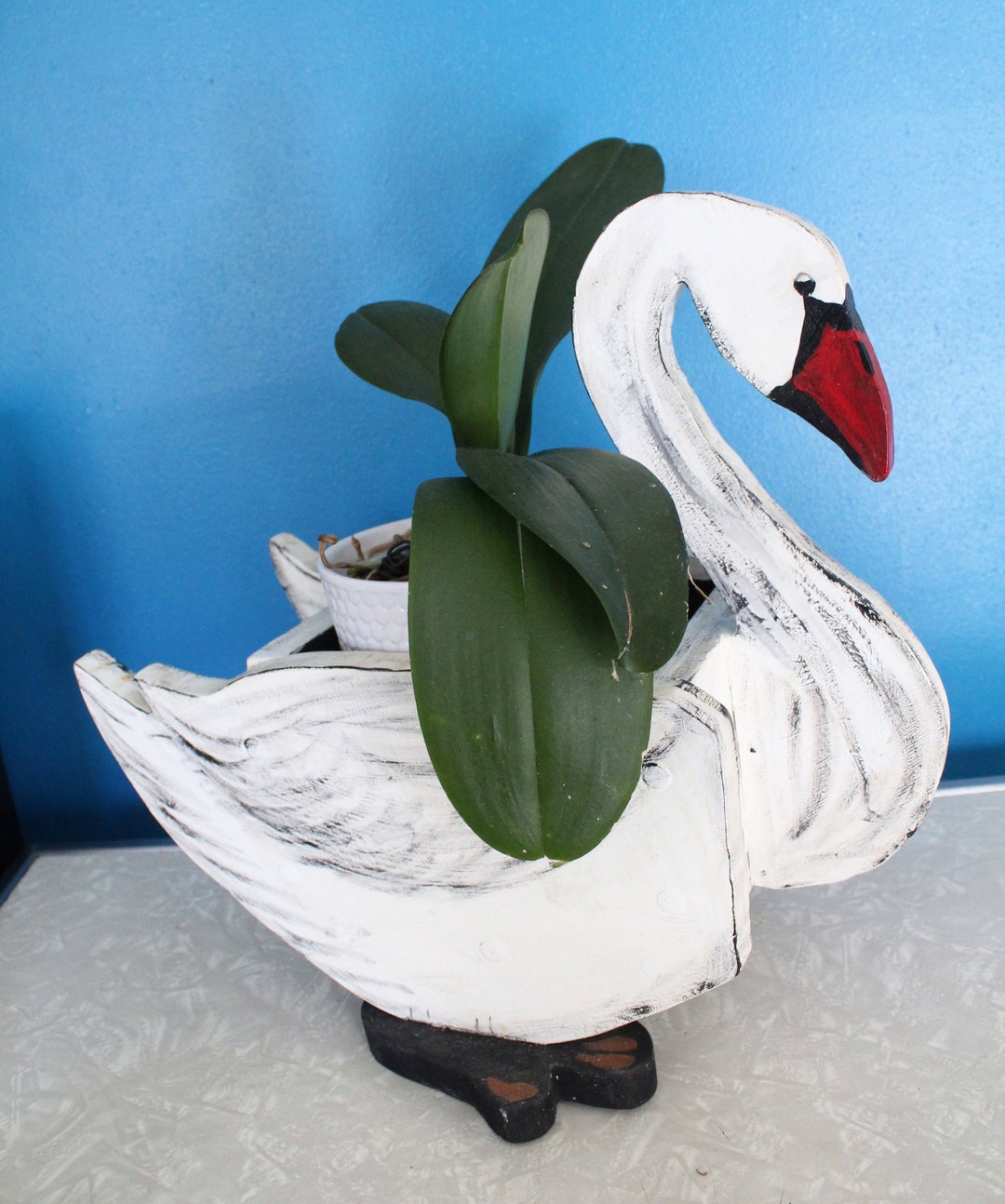 Indoor Wooden Swan Planter Box, White Swan, Wooden Swan Plant Stand ...