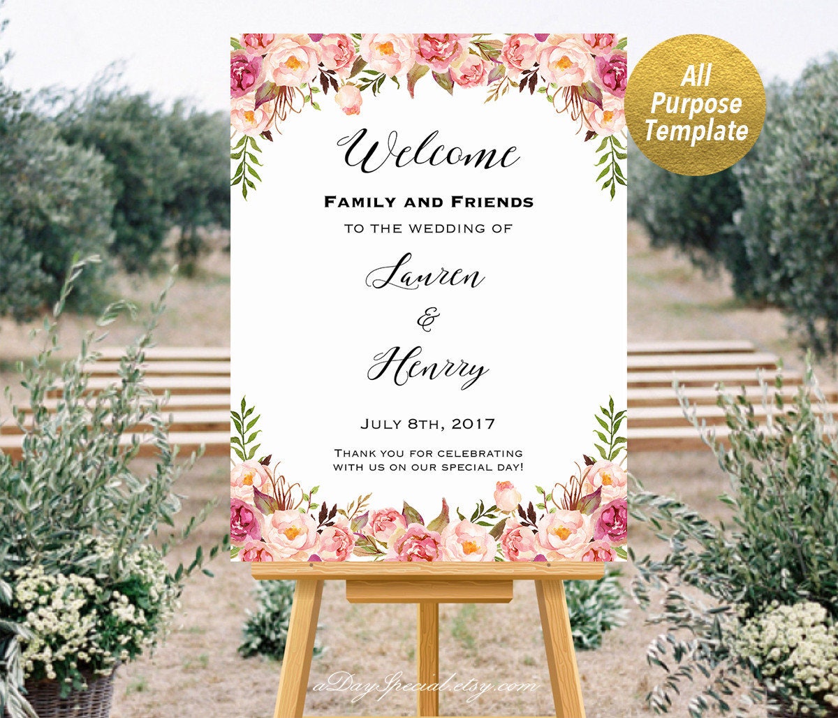 Printable Pink Floral Welcome Sign Templates Editable Wedding | Etsy