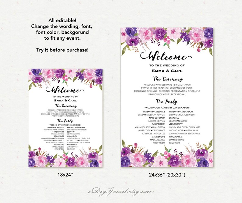 All Editable Lavender Wedding Program Board Sign Template | Etsy