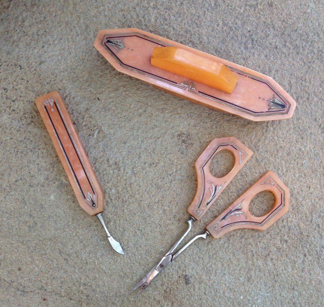 Vintage Bakelite Manicure Set With Scissors, Cuticle Tool and Buffer ...