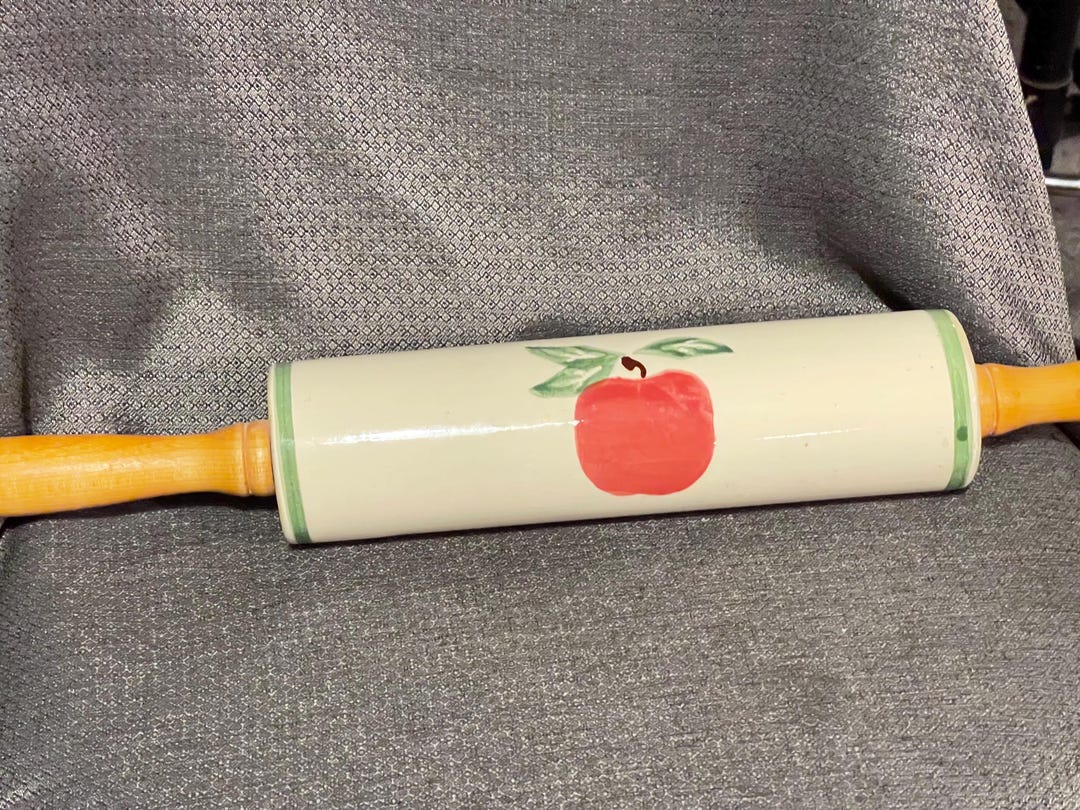 Vintage Porcelain Rolling Pin Wood Handles Red 19 Apple Country ...