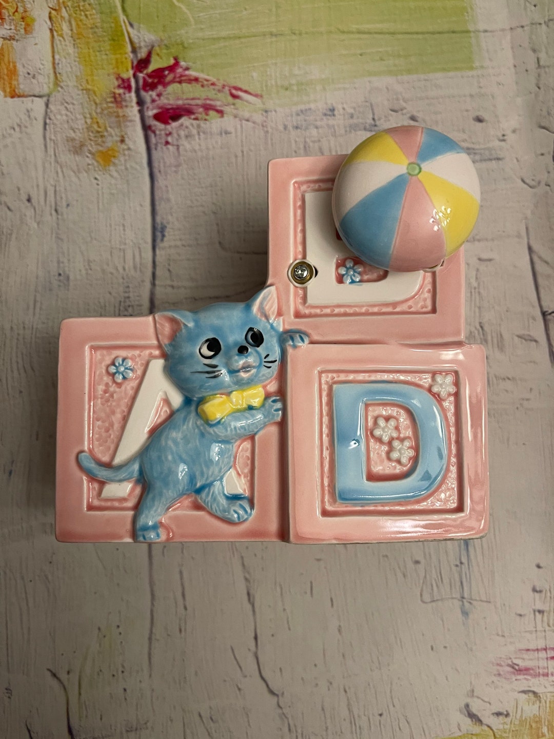 Vintage Baby Block Musical Planter 1988 Japan Pink With Cat and Ball - Etsy
