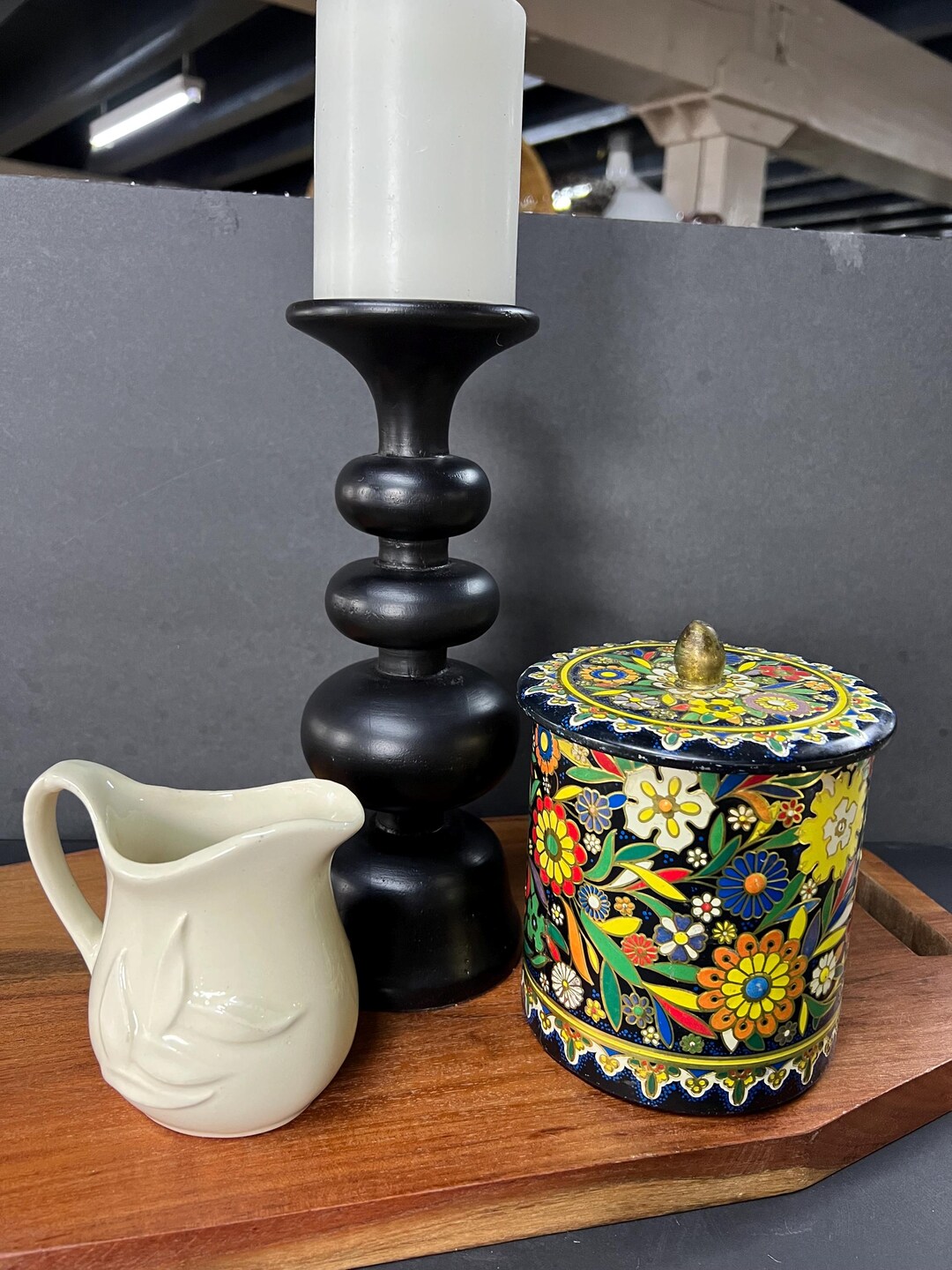 Vintage Decor Trio, Crate & Barrel Candle Holder, Floral Tin, Creamer ...