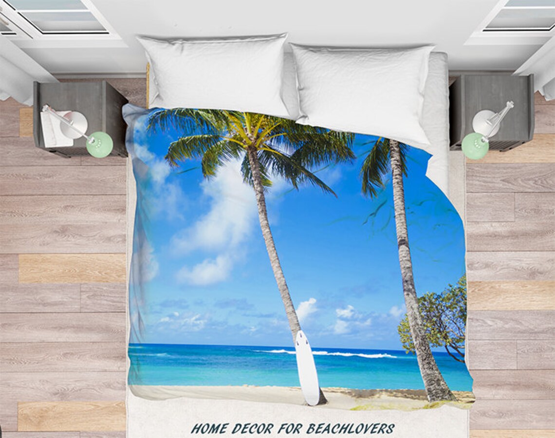 Palm Duvet Cover With Palm Tree and Surfboard in Hawaii Water | Etsy