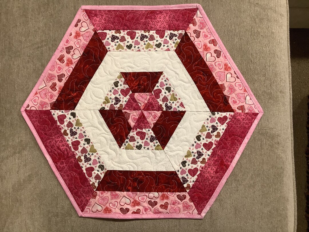 855 BEST Valentines Day Hexagon Quilted Table Topper Runner Washable, Reversible All Cotton Pink ...