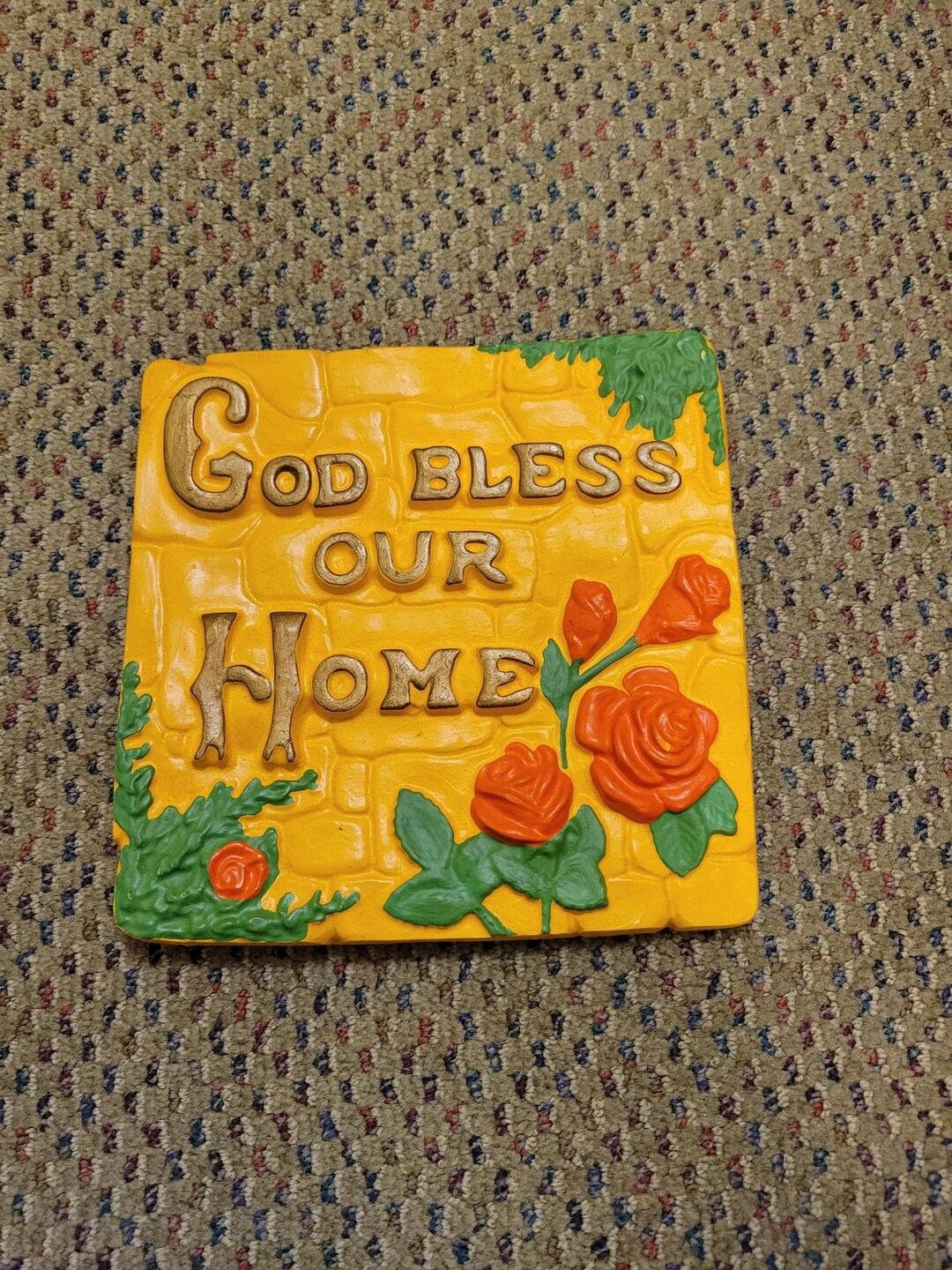 Vintage 70s Retro 3D ‘god Bless Our Home’ Chalkware Plaque Wall Hanging ...