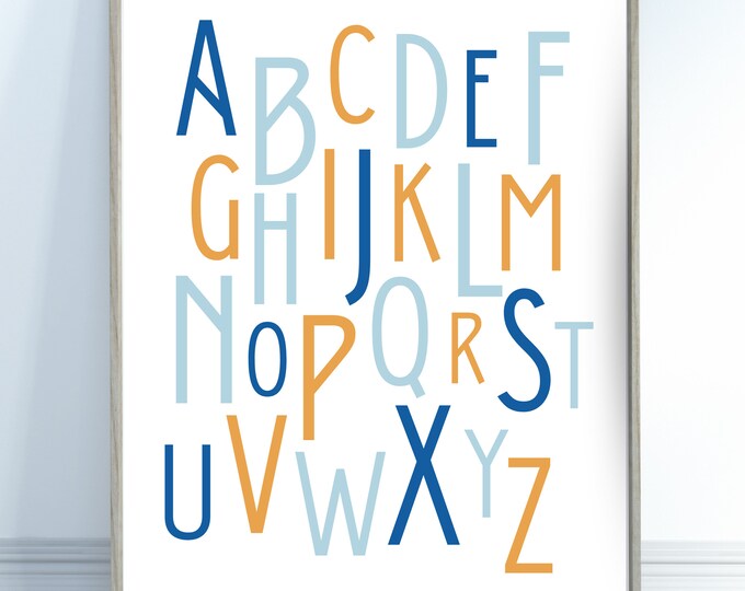 ABC Poster 18x24 Blue, Baby Blue, Mustard | Kids Poster | Playroom ...