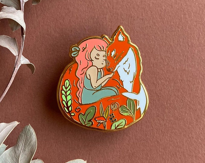 Woodland Fox and Girl Enamel Pin Hard Enamel, Woodland Creatures Lapel ...