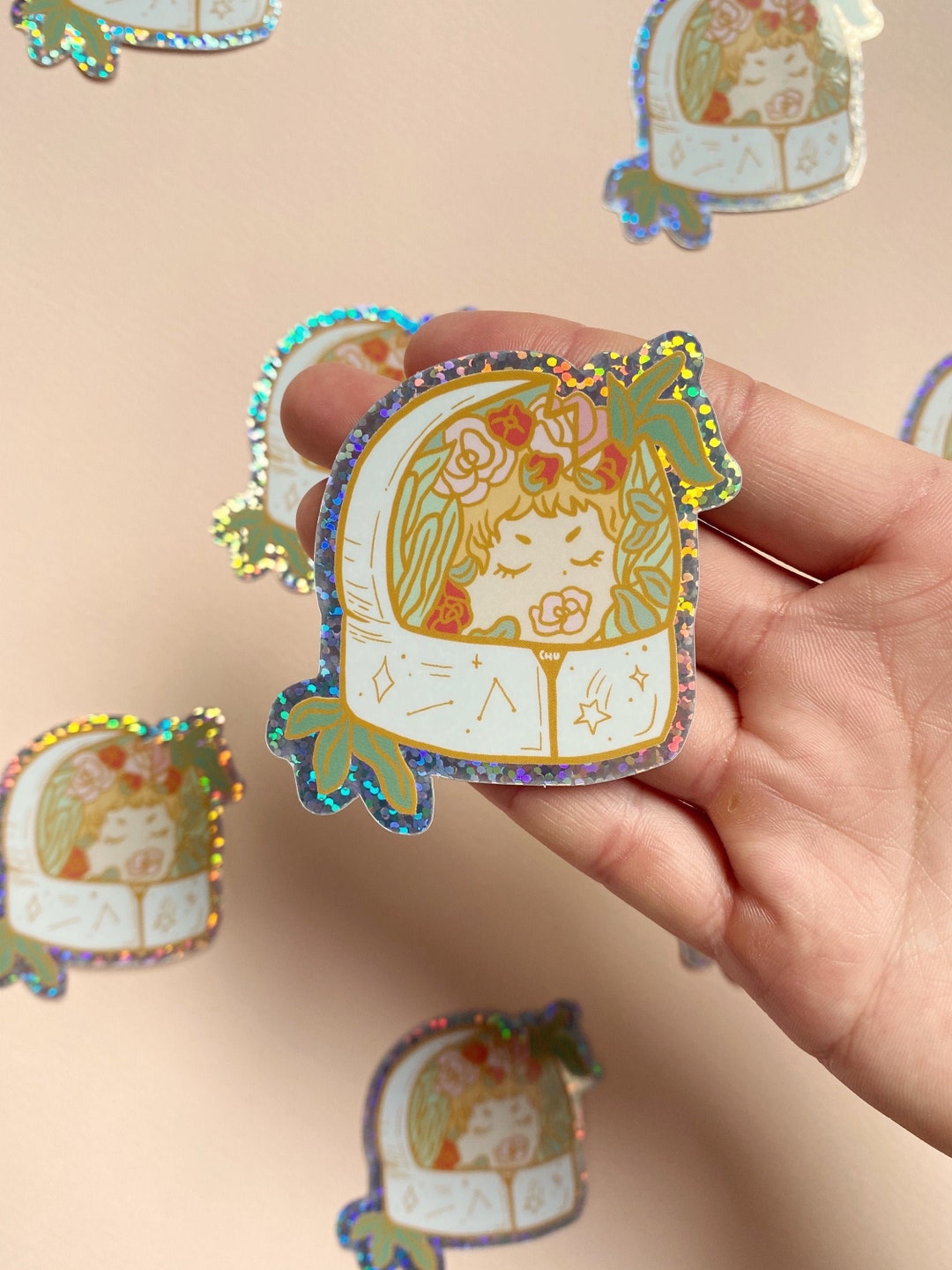 Space Girl Holographic Prism Vinyl Die Cut Sticker | Astronaut, Flowers ...
