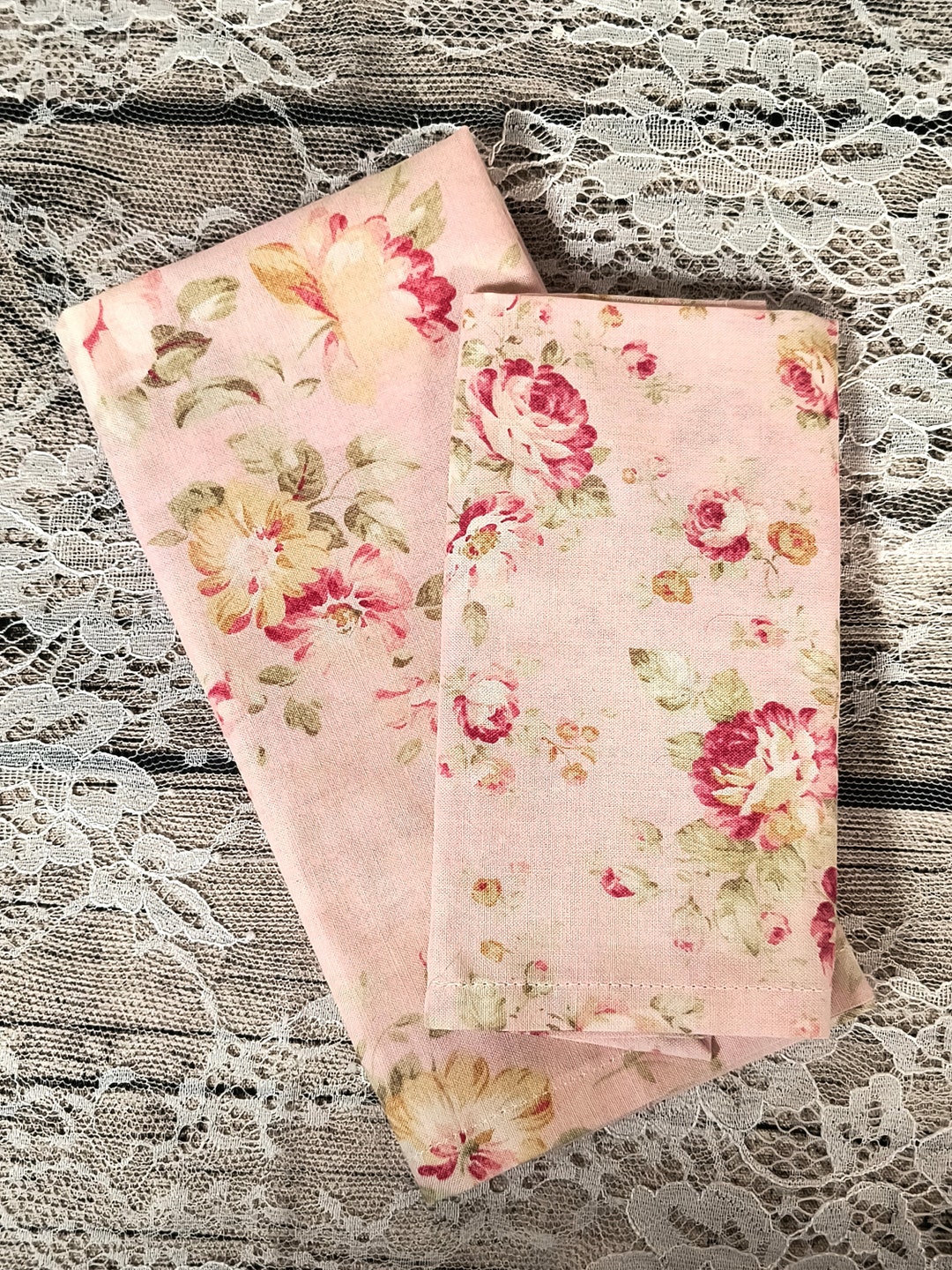 Set of 4 Hand Made Napkins, Pink With White & Red Roses. 2 Sizes to ...