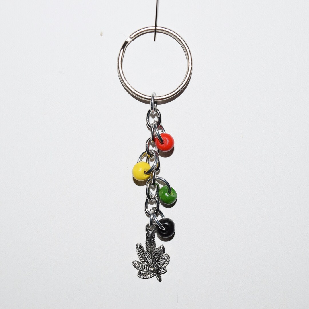 Rasta Key Chain, Leaf Key Ring, Beaded Key Chain, Red Yellow Green and ...