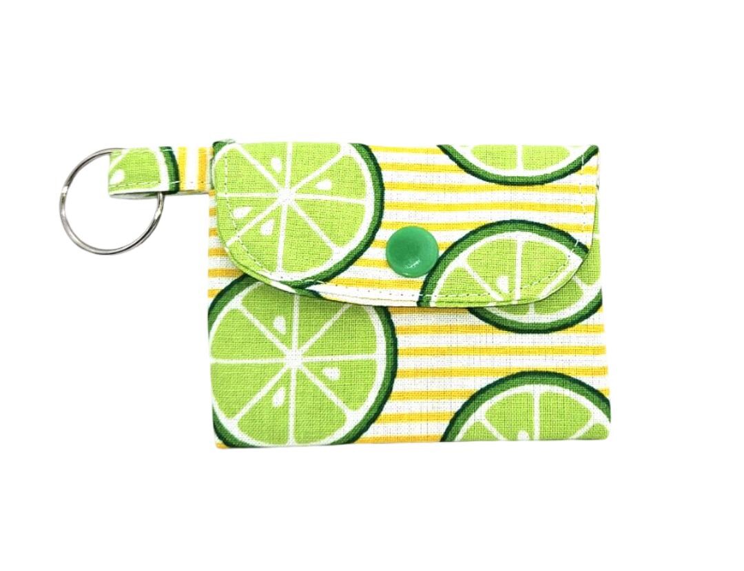 Lime Print Fabric Keychain Wallet With Yellow Stripes, Green Button ...