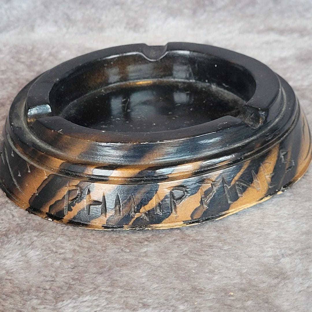 Philippines Vintage Hand Carved Tiger Striped Wood Round Ashtray ...