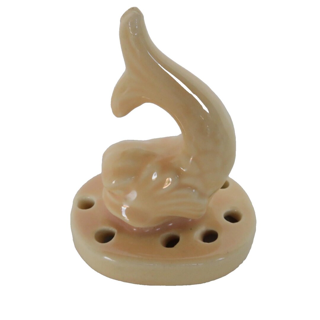 Vintage Dolphin Flower Frog Pale Yellow Ceramic Figural Floral Arranger ...
