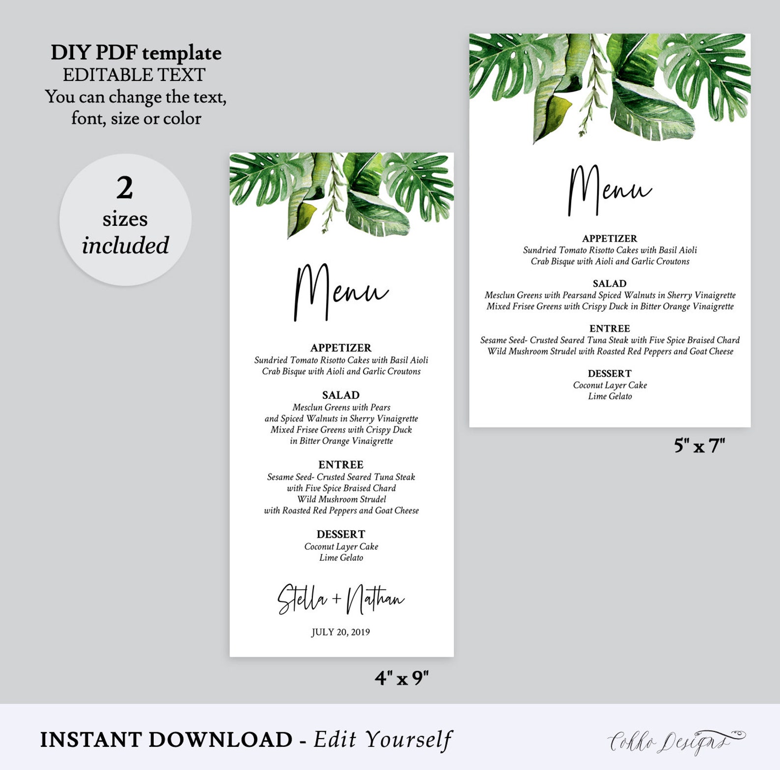 Tropical Menu Template Wedding Printable Template Greenery | Etsy