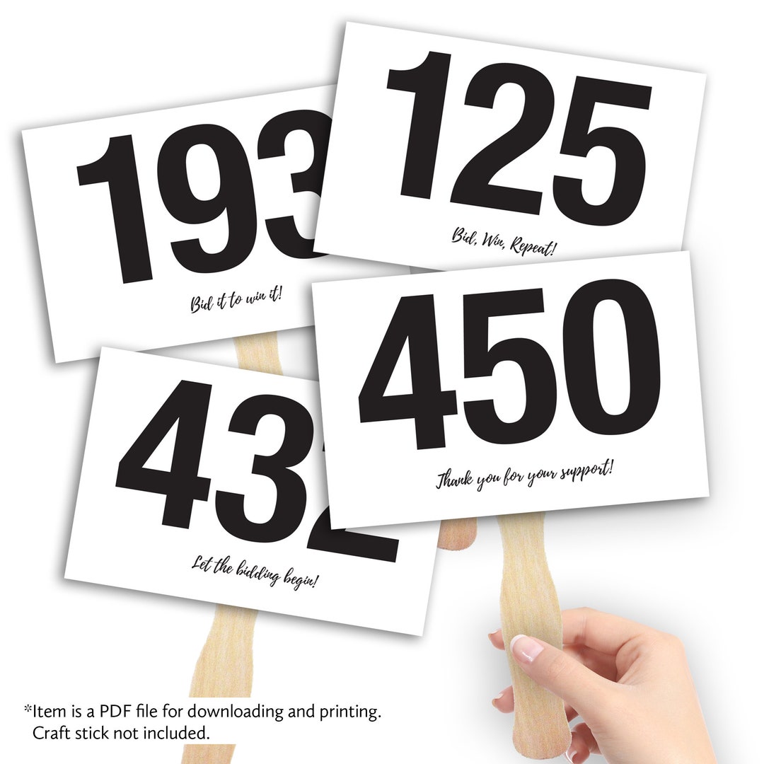 Auction Bid Paddle Cards Half Size, Folded, 100-450, With Motivational ...