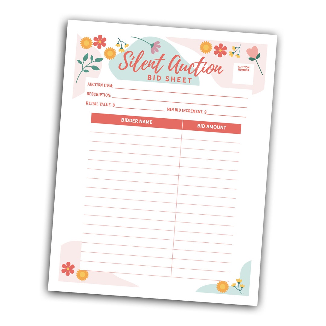 Editable Silent Auction Bid Sheet, Spring, Flowers, Summer, School ...