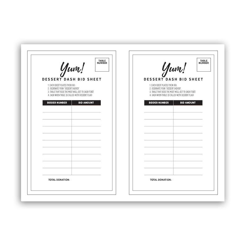 Dessert Dash Bid Sheets - Etsy