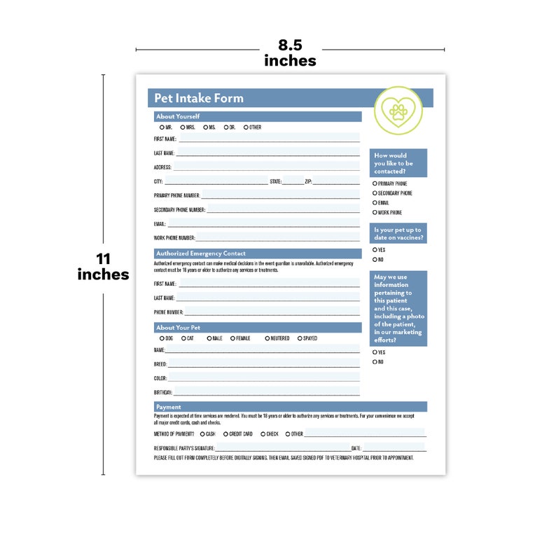 Veterinary Intake Form With Digital Signature - Online or Print Use ...