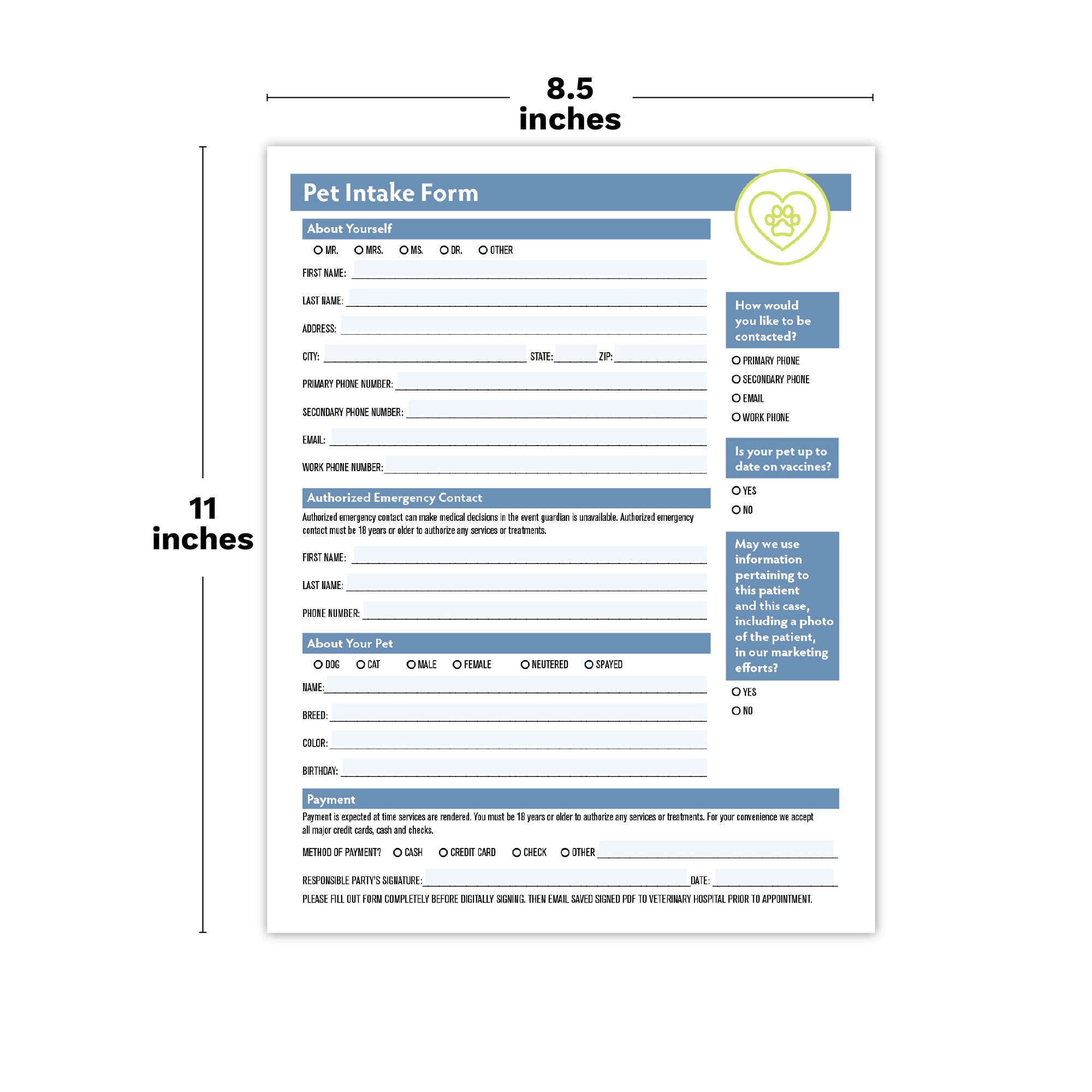Veterinary Intake Form With Digital Signature - Online or Print Use ...