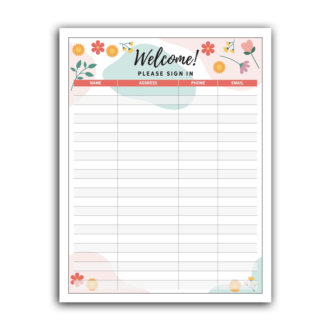 Basic Sign-in Sheet - Spring, Summer, Flowers, Check-in, PDF Download ...