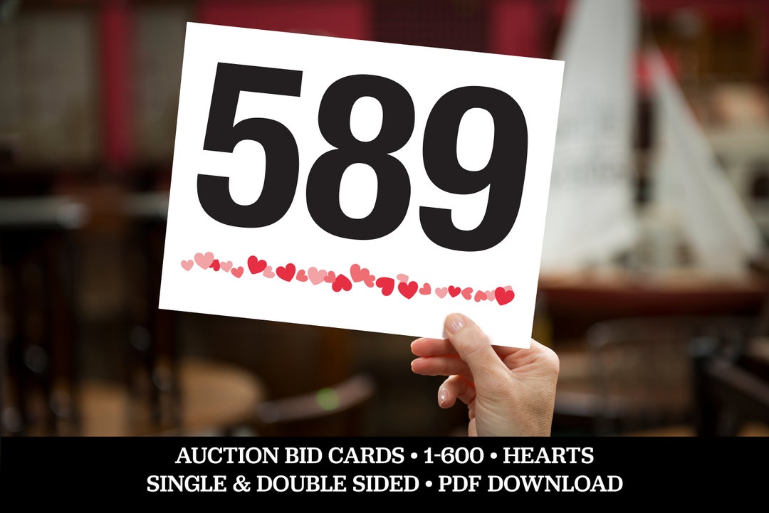 Auction Bid Cards With Hearts - 1-600, Valentines, Fundraiser, School ...