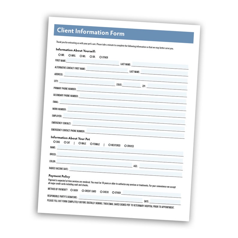 Veterinary Intake Form With Digital Signature - Online or Print Use ...