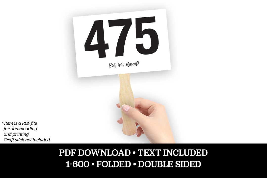 Auction Bid Paddles - Half Size, Double-sided, 1-600, With Slogan, "bid ...