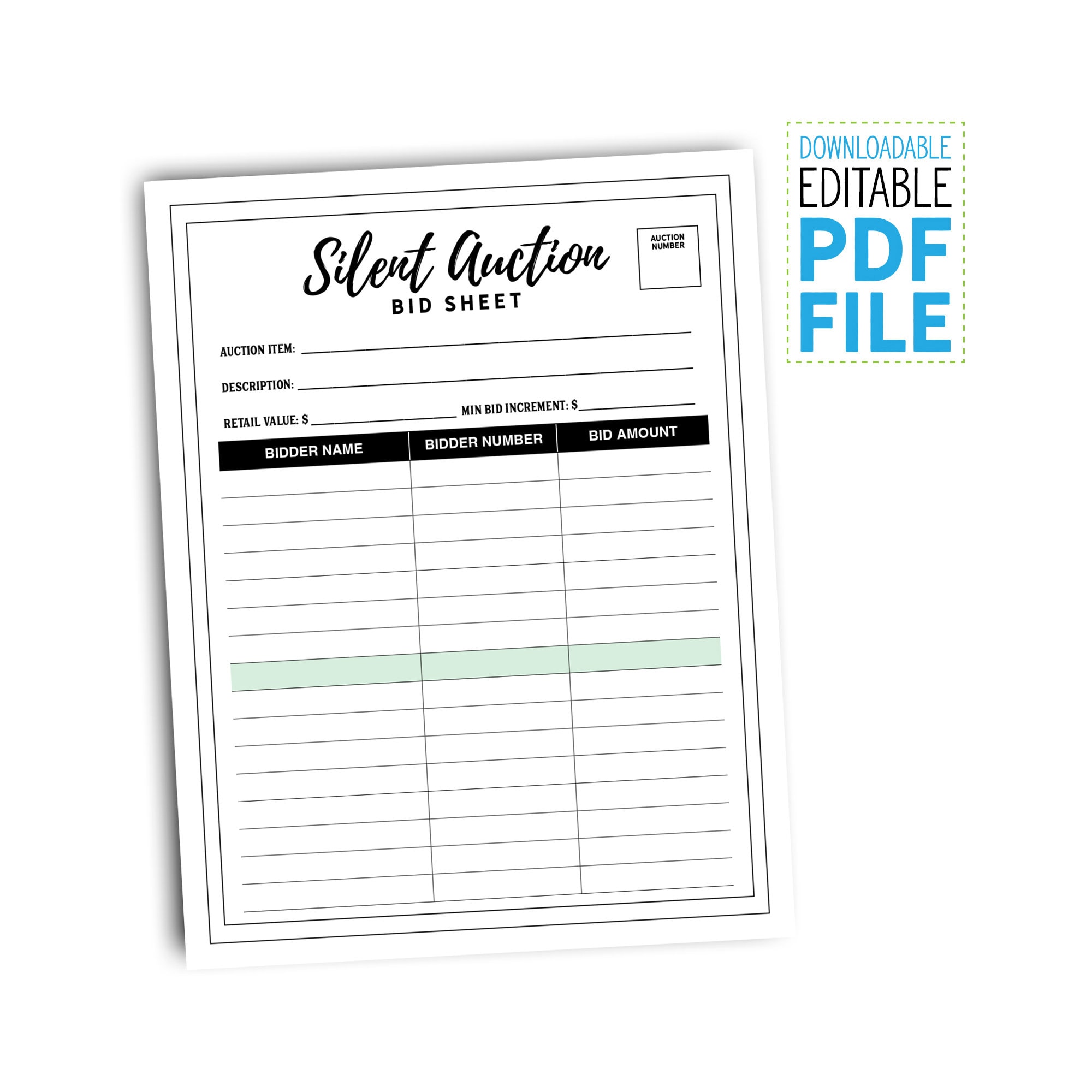 Editable PDF Silent Auction Bid Sheets With Green Line for Green Line ...