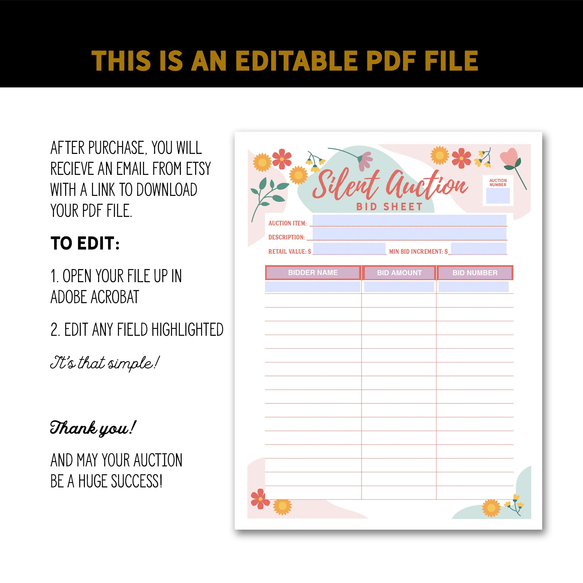 Editable Silent Auction Bid Sheet - Spring, Flowers, Summer, School ...