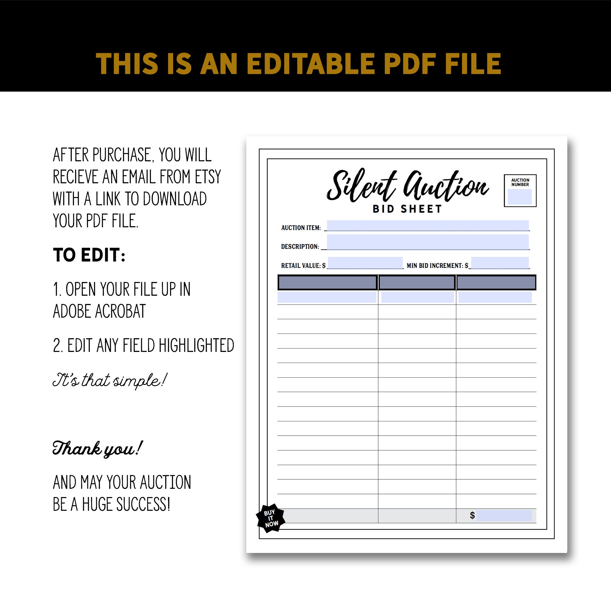 Editable Silent Auction Bid Sheet With "buy It Now" Line, PDF ...