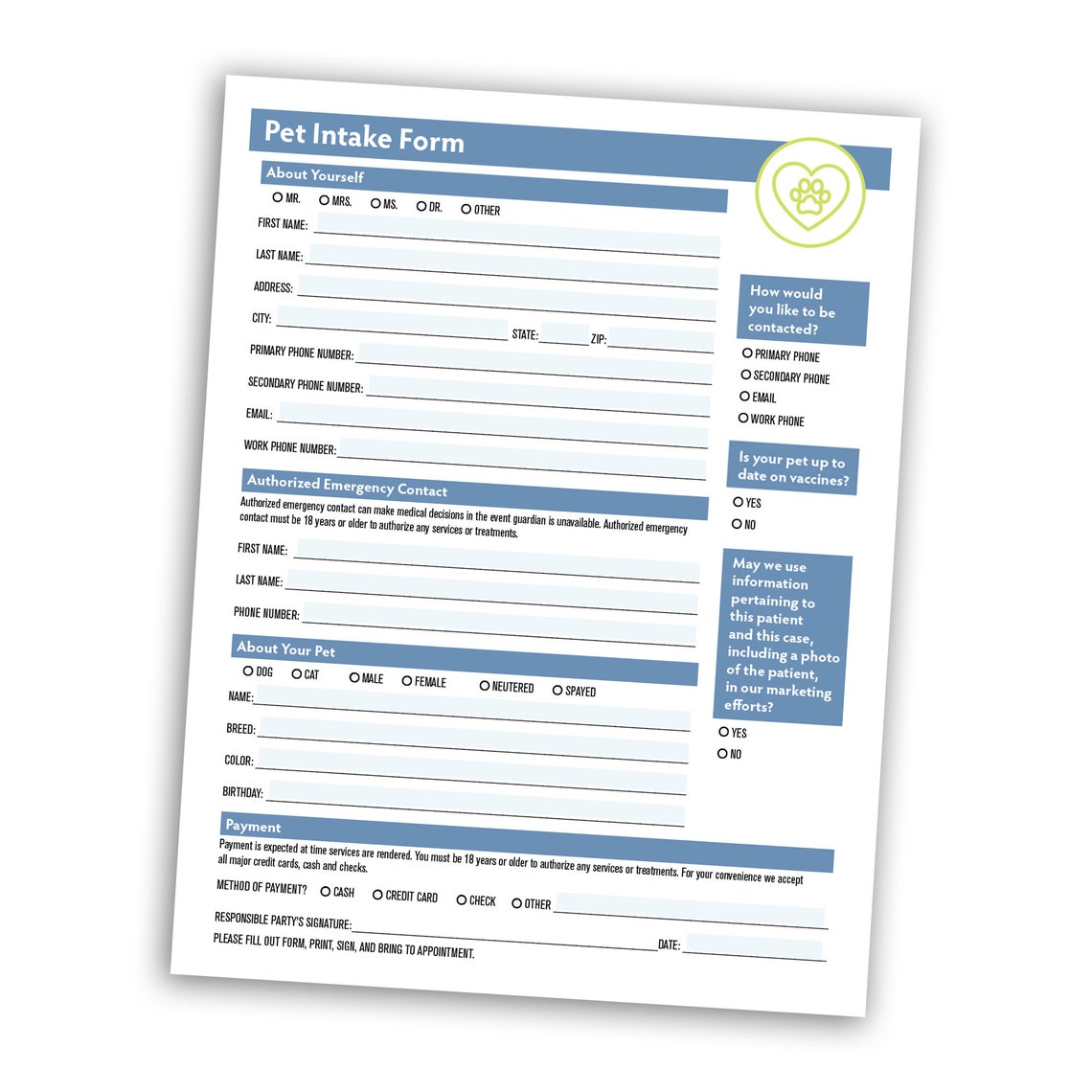 Veterinary Intake Form for Online or Print Use, PDF, Vet Tech ...