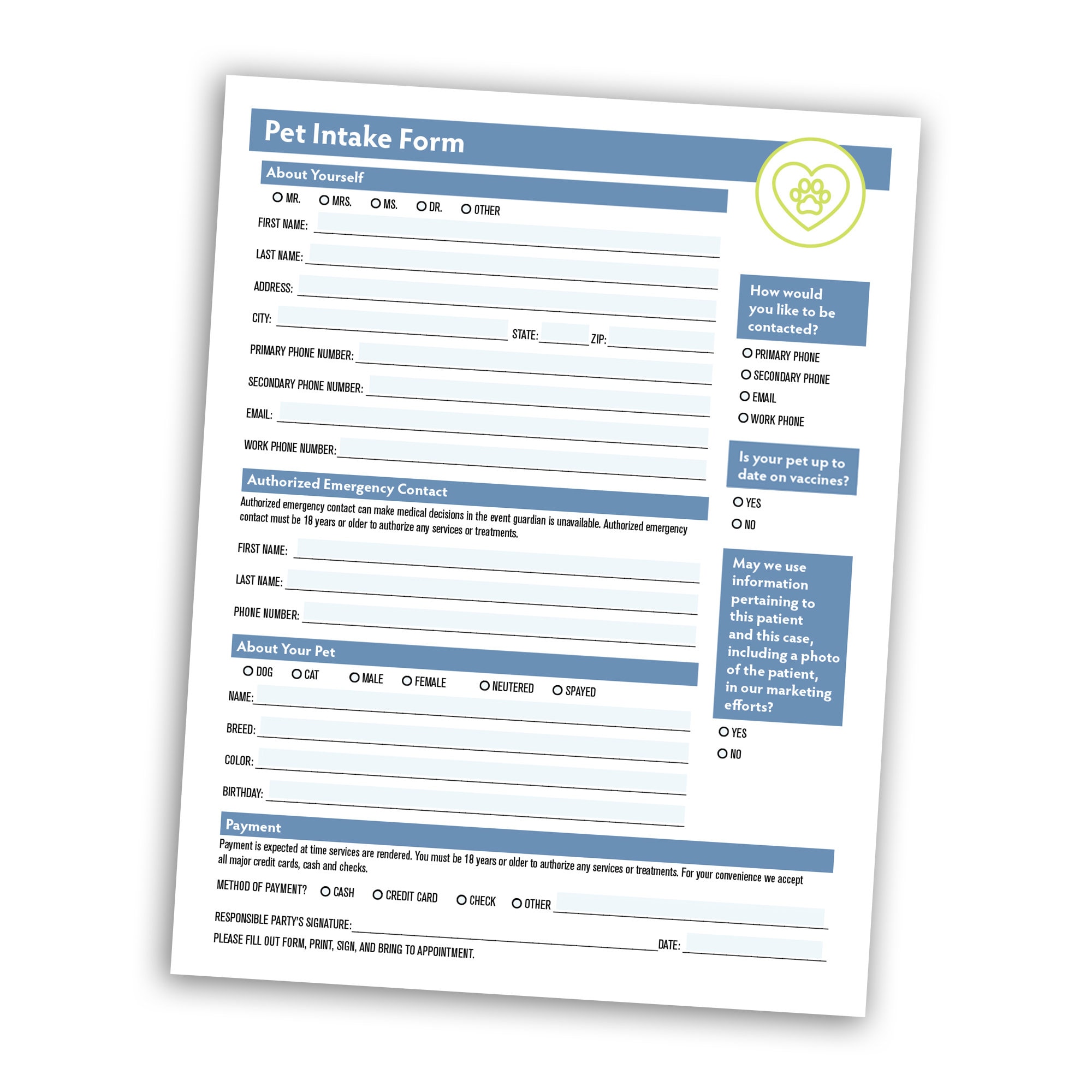 Veterinary Intake Form for Online or Print Use, PDF, Vet Tech ...