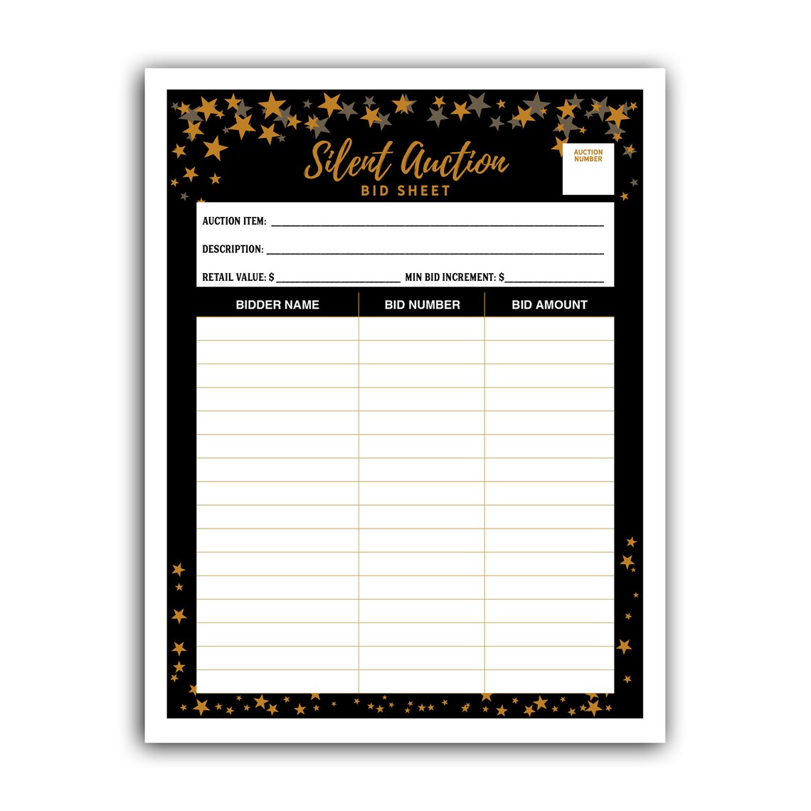 Editable Silent Auction Bid Sheets With Stars, PDF File, Fundraiser ...