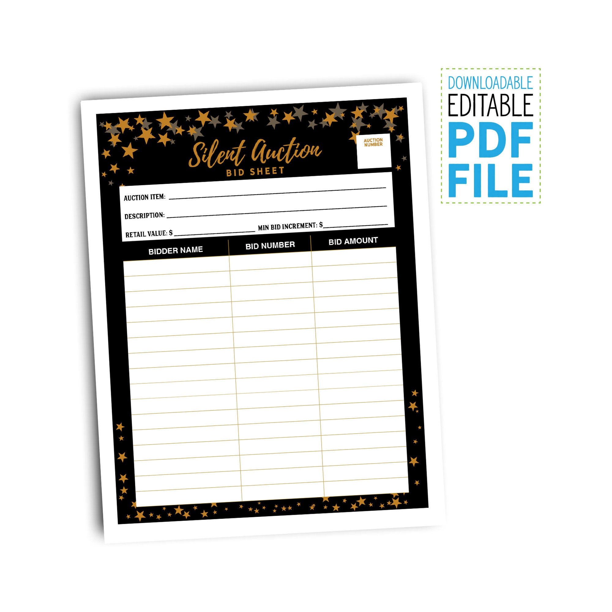 Editable Silent Auction Bid Sheets With Stars, PDF File, Fundraiser ...