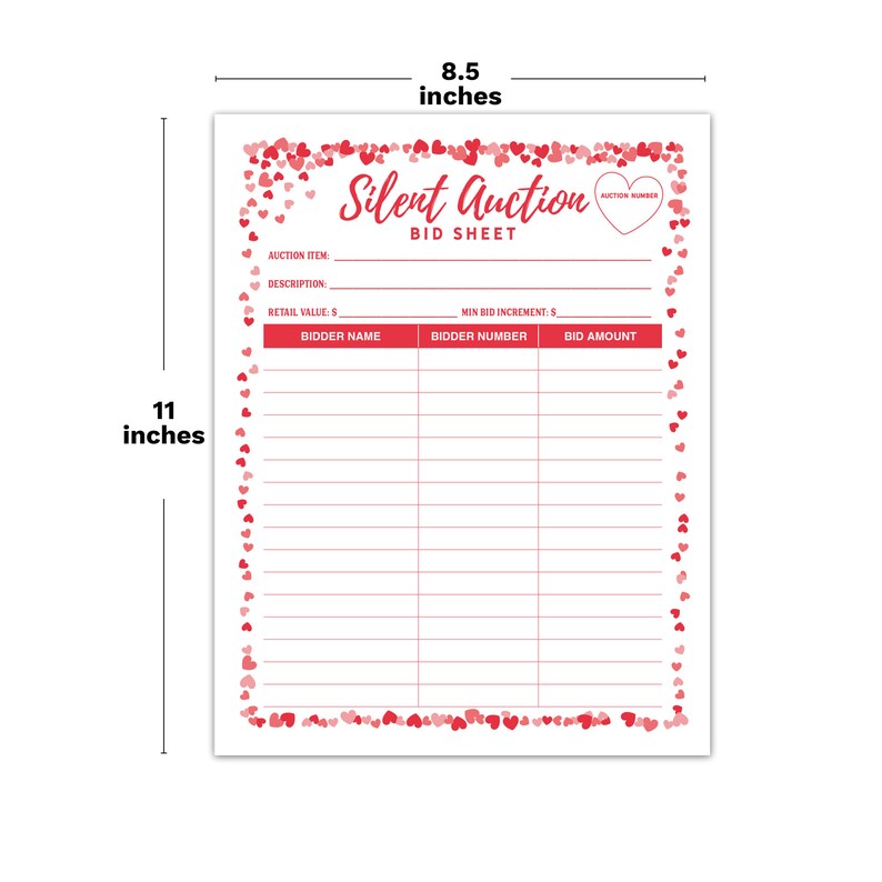 Editable Silent Auction Bid Sheet - Love, Valentines Day, Hearts - PDF ...