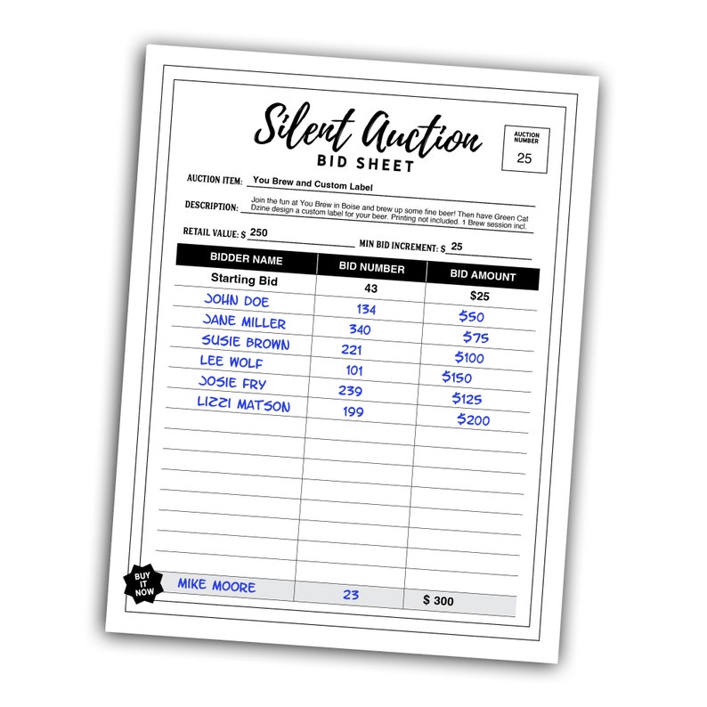 Editable Silent Auction Bid Sheet With "buy It Now" Line, PDF ...