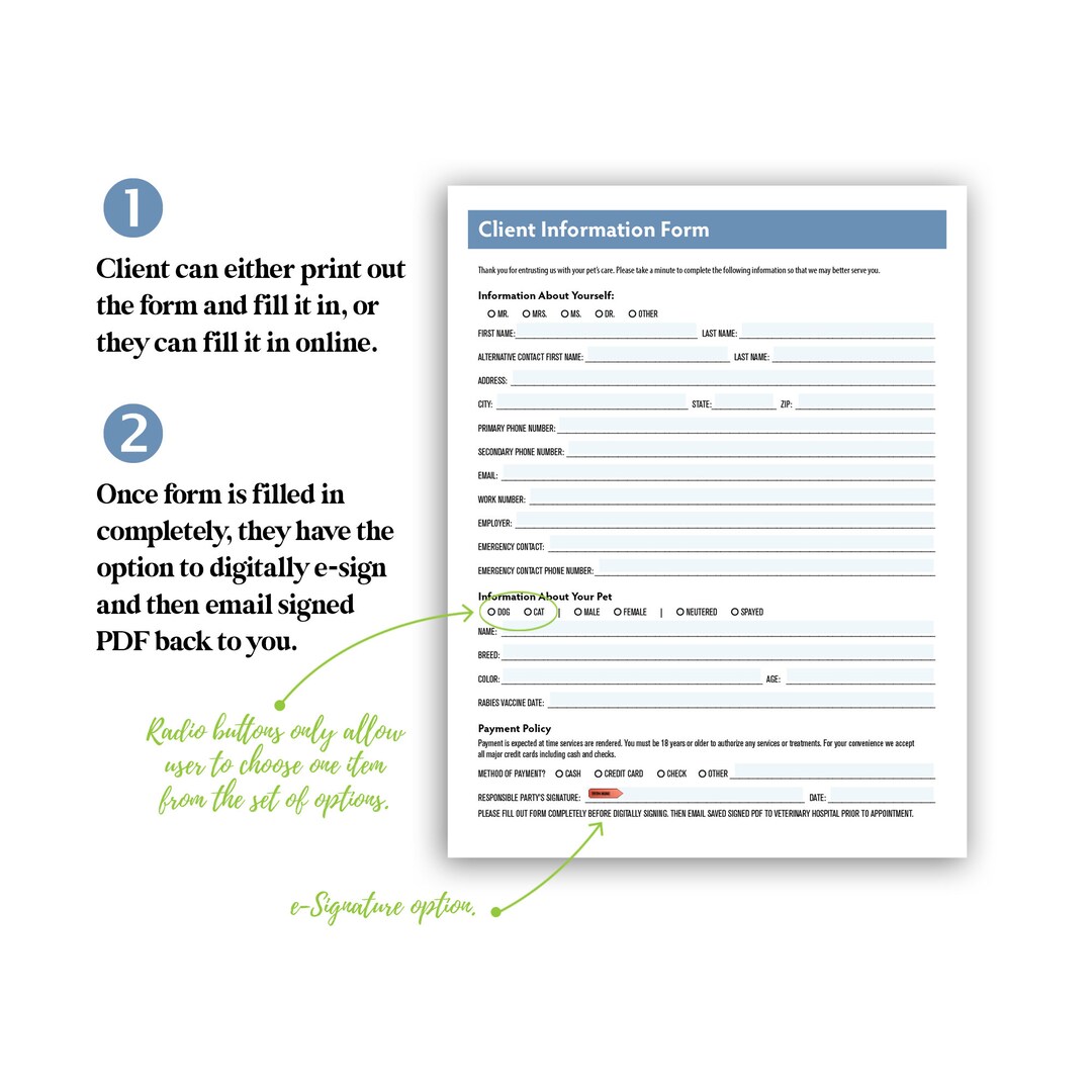 Veterinary Intake Form With Digital Signature - Online or Print Use ...