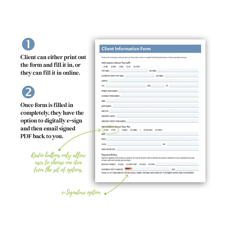 Veterinary Intake Form With Digital Signature - Online or Print Use ...