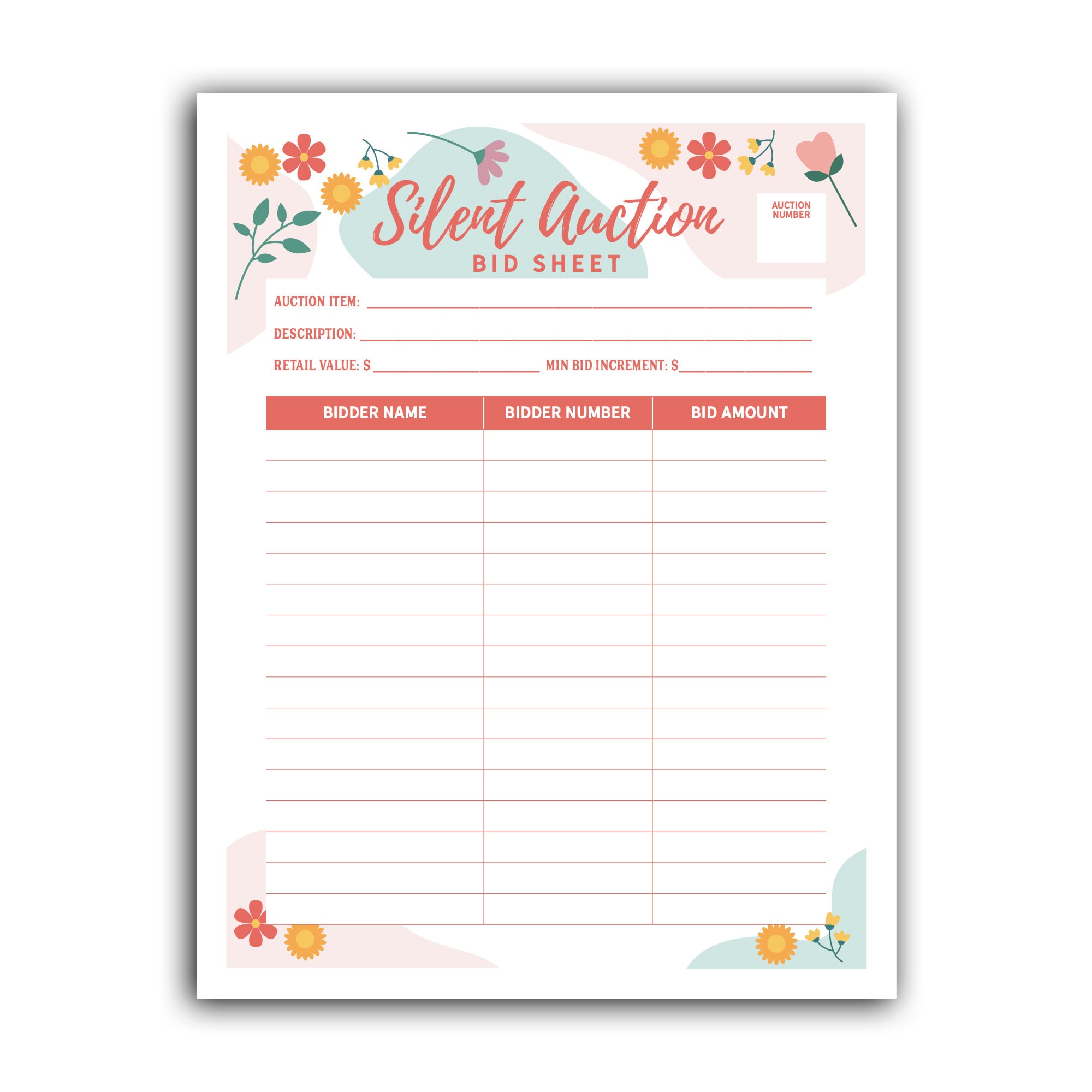 Editable Silent Auction Bid Sheet - Spring, Flowers, Summer, School ...