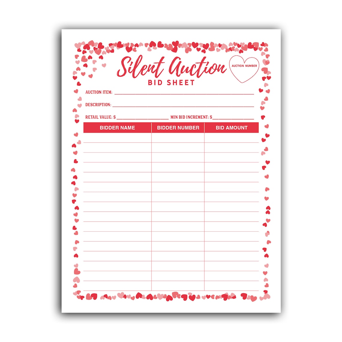 Editable Silent Auction Bid Sheet - Love, Valentines Day, Hearts - PDF ...