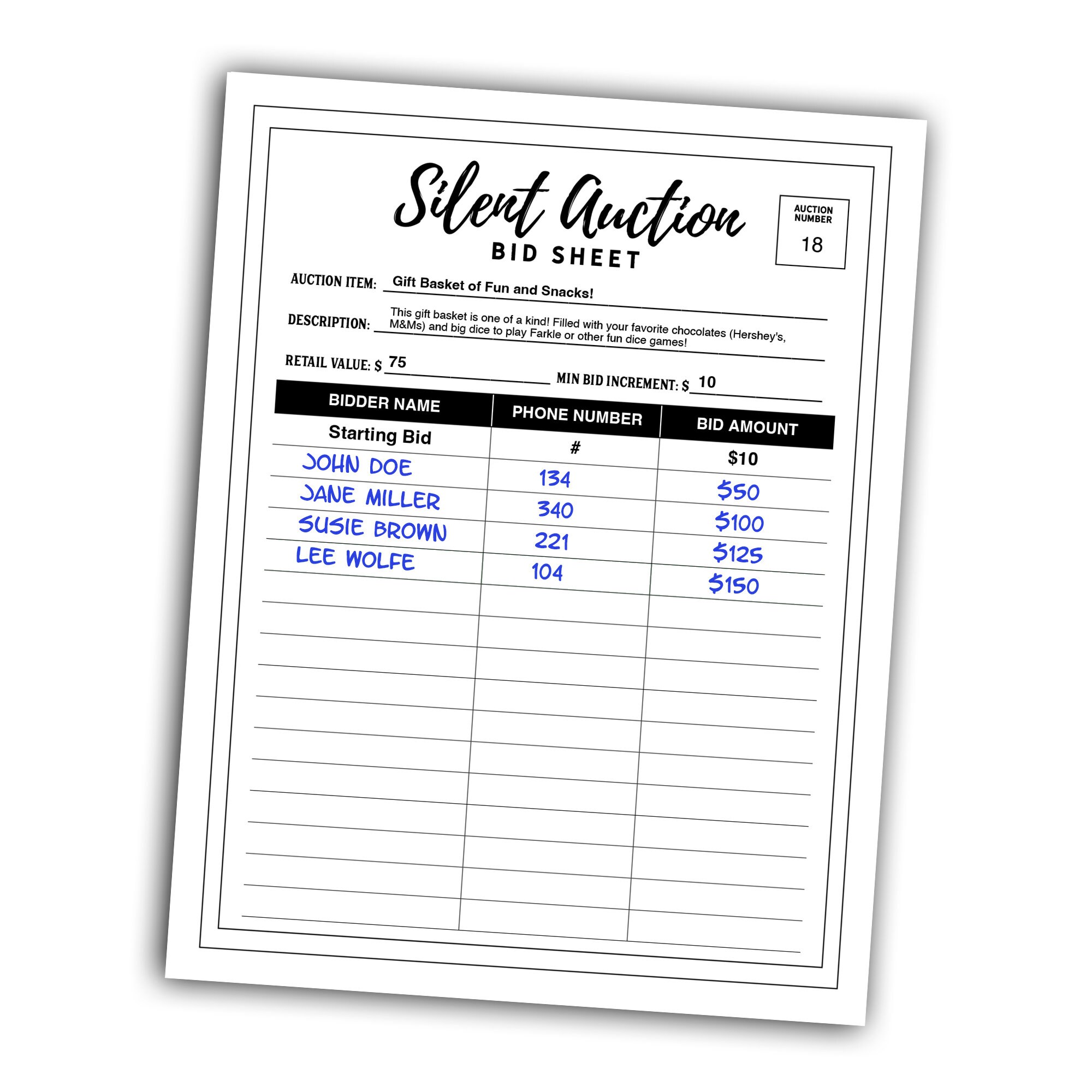 Editable Silent Auction Bid Sheet PDF File, Fundraiser, Gala, Charity ...