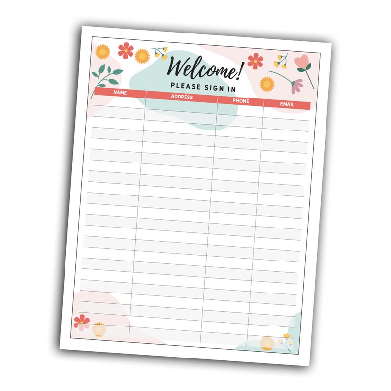 Basic Sign-in Sheet - Spring, Summer, Flowers, Check-in, PDF Download Digital File - Etsy