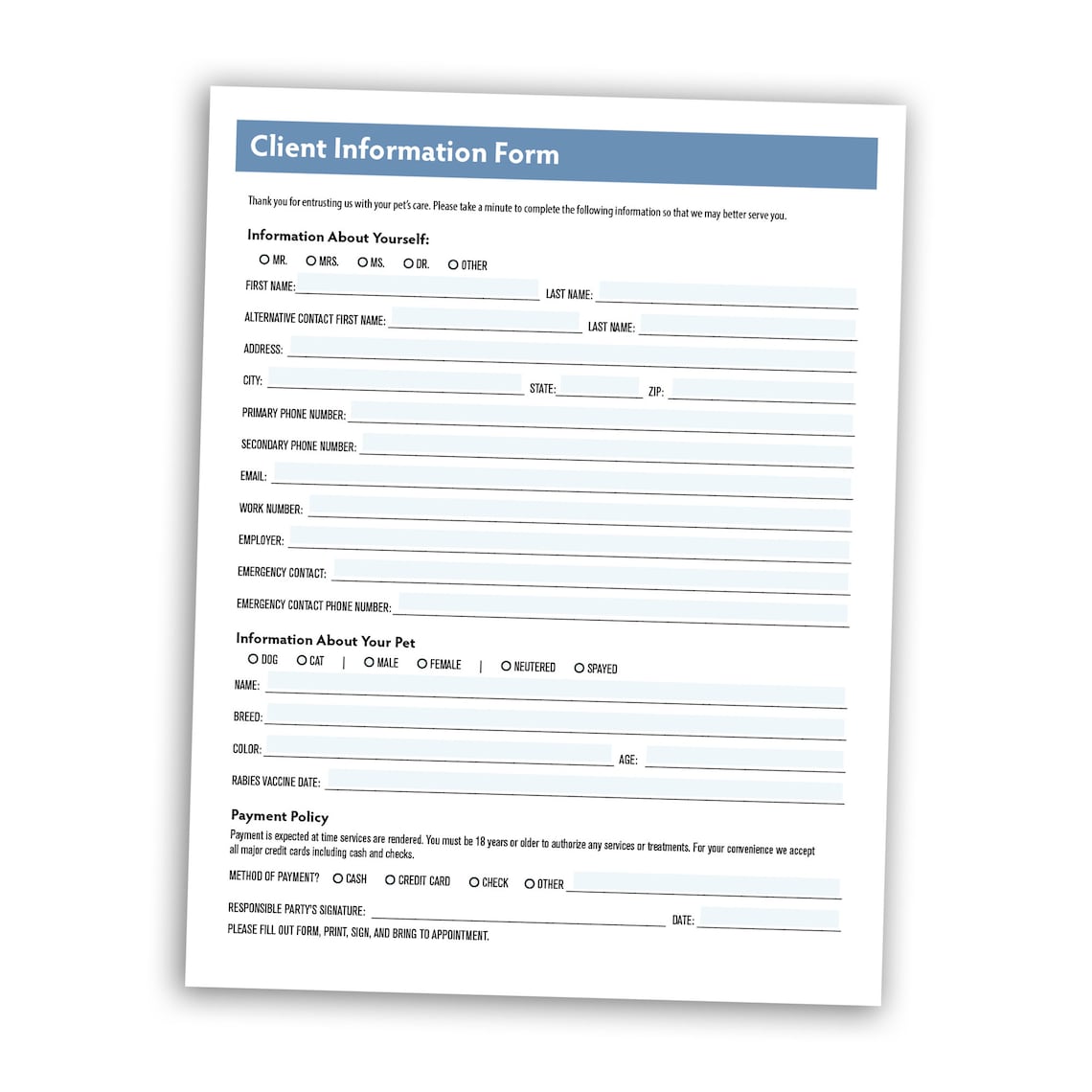 Veterinary Intake Form for Online or Print Use, PDF, Vet Tech ...
