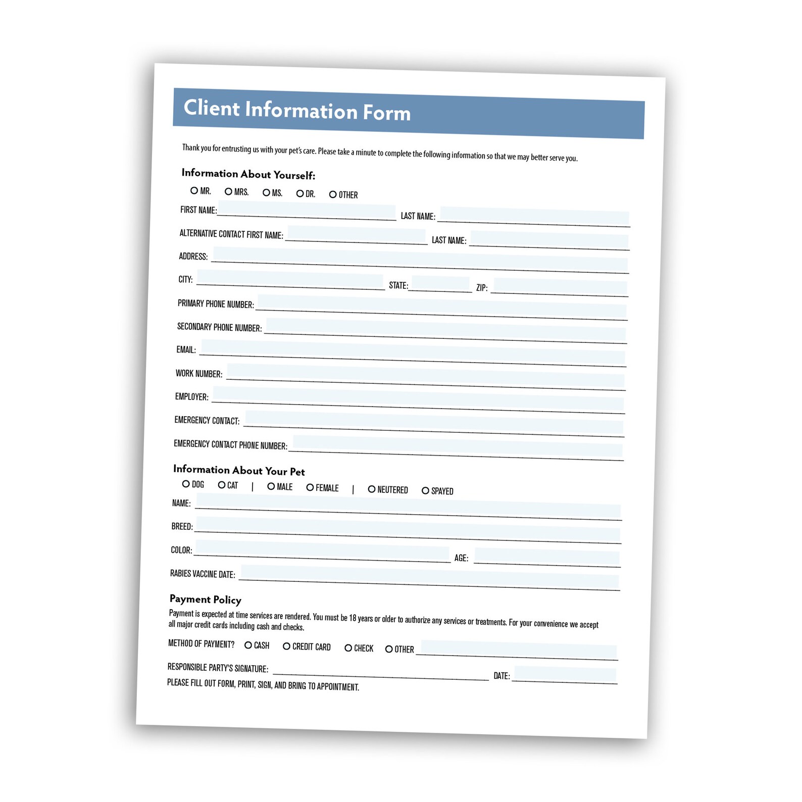 Veterinary Intake Form for Online or Print Use, PDF, Vet Tech ...