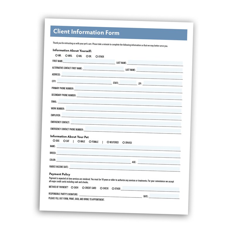 Veterinary Intake Form for Online or Print Use, PDF, Vet Tech ...