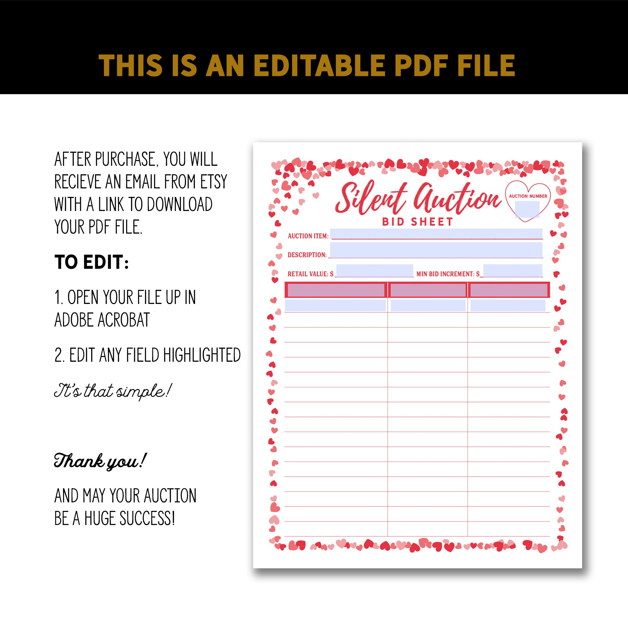 Editable Silent Auction Bid Sheet - Love, Valentines Day, Hearts - PDF ...